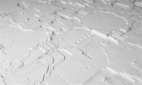 Macro Rendering Of A Futuristic Electronic Printed Circuit Board With Microchips And Processors