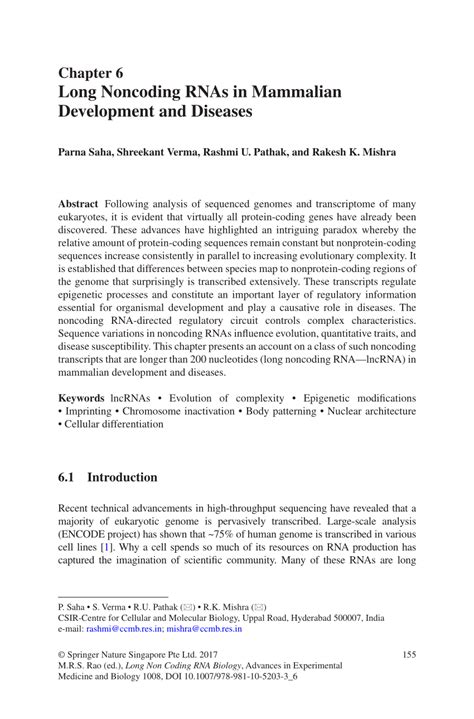 Pdf Long Noncoding Rnas In Mammalian Development And Diseases