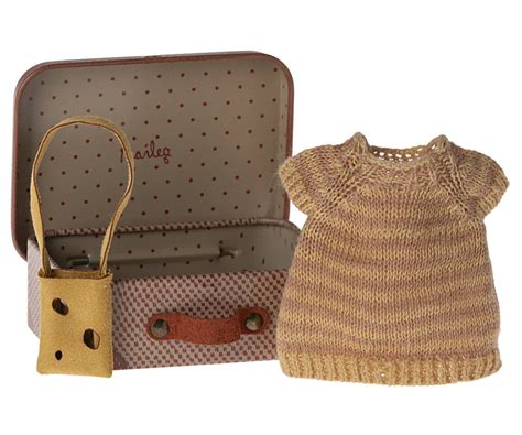 Knitted Dress And Bag In Suitcase Big Sister Mouse By Maileg