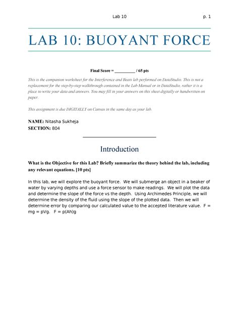 lab10 buoyant force worksheet vf lab 10 buoyant force final score