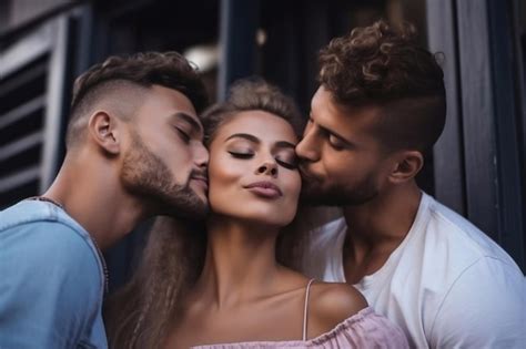 Premium Photo Two Men Kiss A Girl On The Cheek Portrait Of Two Boys