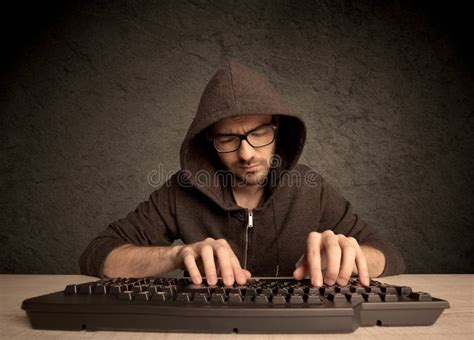 Computer Geek Typing On Keyboard Stock Image Image Of Intruder Glasses 69897279