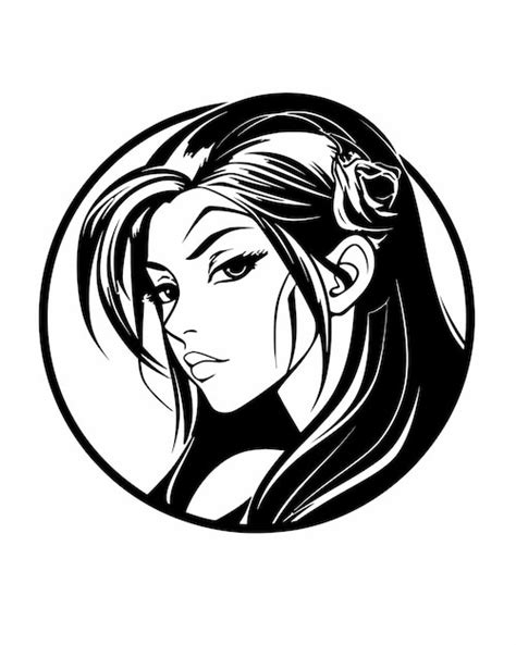 검은 머리와 검은 머리를 가진 소녀의 흑백 그림 프리미엄 벡터