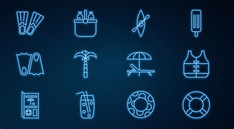 세트 라인 Lifebuoy 재킷 카약 또는 카누와 패들 열대 야자수 고무 오리퍼 선베드 우산 및 쿨러 백 워터 아이콘 벡터 여행 주제에 대한 스톡 벡터 아트 및 기타 이미지