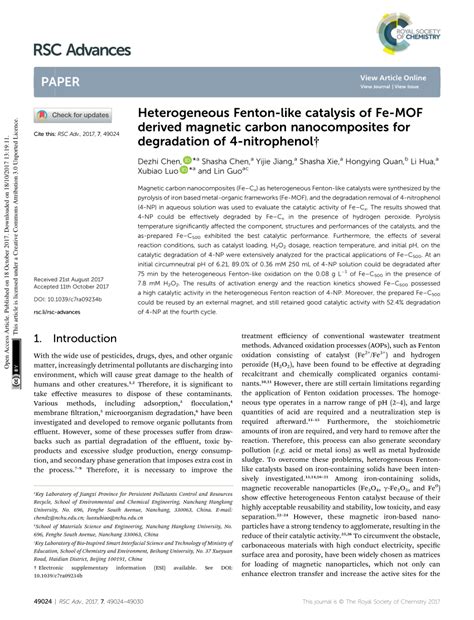 Pdf Heterogeneous Fenton Like Catalysis Of Fe Mof Derived Magnetic Carbon Nanocomposites For
