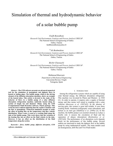 PDF Simulation Of Thermal And Hydrodynamic Behavior Of A Solar Bubble Pump
