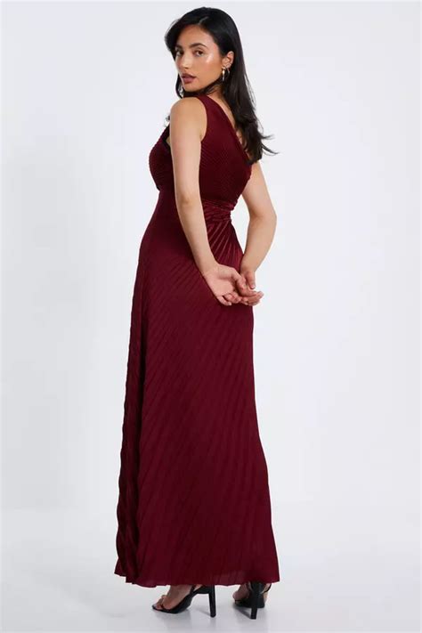Dark Red Satin Pleated Maxi Dress Quiz Clothing
