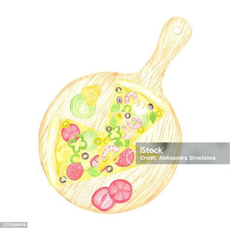 손으로 그린 수채화 피자 토마토 피클 고추 올리브 나무 보드에 흰색 배경에 고립되어 있습니다 라벨 카드 스크랩북 및 기타 인쇄