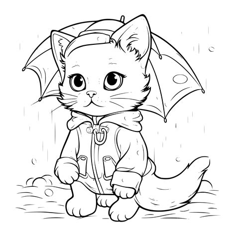 수염과 빗방울 어린이 친화적인 고양이 색칠 체험 벡터 고양이와 무지개 색칠하기 비오는 날 미취학 아동을 위한 색칠놀이 색칠공부 비오는 날 Png 일러스트 및 벡터 에