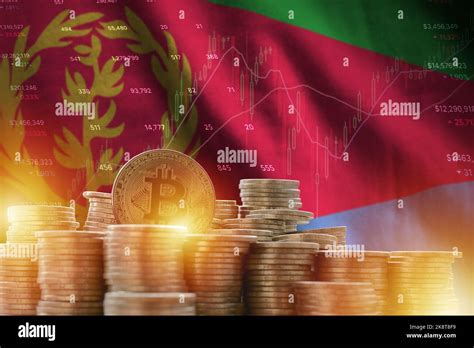 Eritrea Flag And Big Amount Of Golden Bitcoin Coins And Trading
