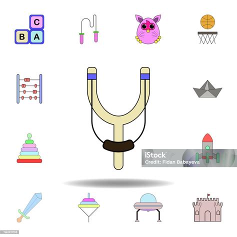 만화 새총 장난감 색깔 아이콘입니다 어린이 장난감 그림 아이콘의 집합입니다 기호는 웹 로고 모바일 앱 Ui Ux에 사용할 수 있습니다 0명에 대한 스톡 벡터 아트 및 기타