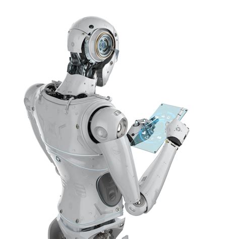 Premium Photo D Rendering Humanoid Robot Working With Digital Tablet
