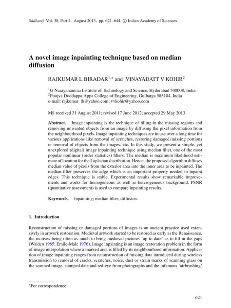 PDF A Novel Image Inpainting Technique Based On Median Diffusion