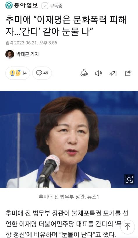 추미애 “이재명은 문화폭력 피해자‘간디 같아 눈물 나” 정치시사 에펨코리아