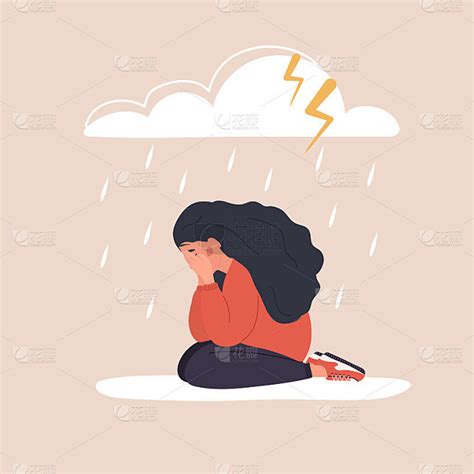 忧伤的女人坐在阴云下。抑郁少年哭泣。情绪障碍的概念。不快乐的女孩需要心理帮助。矢量插图在卡通风格
