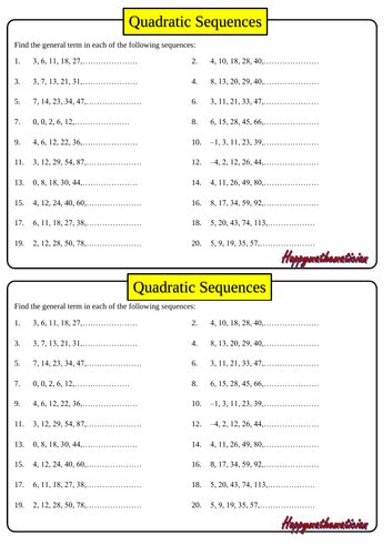 Quadratic Sequences For Gcse With Answers Teaching Resources