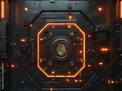 A High Security Vault Door With A Fingerprint Scanner With Glowing