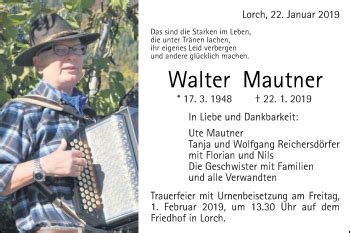 Traueranzeigen Von Walter Mautner OstalbTrauer