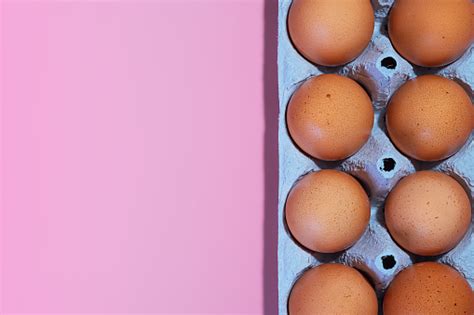 분홍색 배경에 골판지 상자에 신선한 치킨 갈색 계란 맨 위 보기입니다 건강한 식생활에 대한 스톡 사진 및 기타 이미지 건강한 식생활 날것 농장 Istock