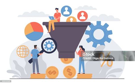 작은 사람들과 함께하는 판매 깔때기 개념 성공적인 마케팅 전략 퍼널 및 차트 그래프 및 다이어그램 황금 동전 온라인 마케팅 전환율 벡터 만화 평면 그림 개념에 대한 스톡