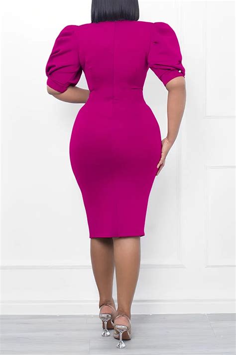 Elegant Half Sleeve Solid Color Lapel Rching Slim Fit Midi Dress