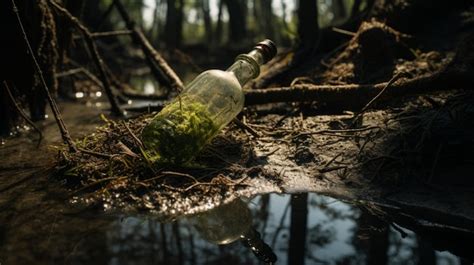 Premium Photo Surrealistic Glass Bottle In Swamp A Conceptual