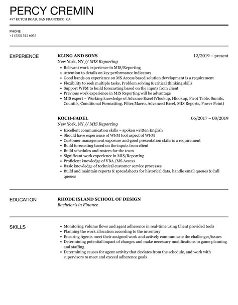 Mis Reporting Resume Samples Velvet Jobs