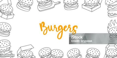버거 가로 윤곽선 배너입니다 미국 길거리 패스트 푸드 쇠고기 버거 햄버거 채식 버거 치즈 버거 벡터 일러스트 레이 션 0명에 대한 스톡 벡터 아트 및 기타 이미지 Istock