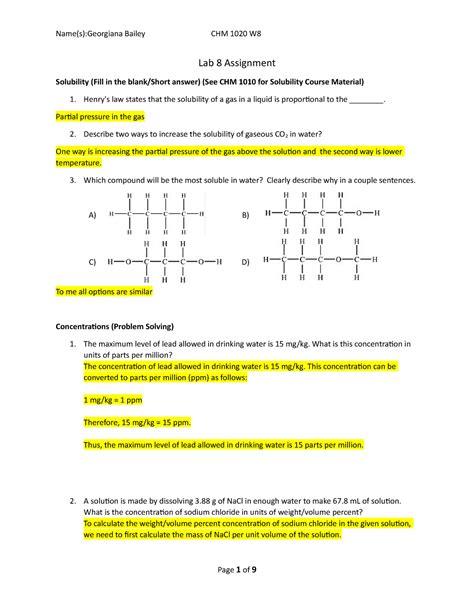 Chm W Lab Assignment Lab Assignment Solubility Fill In The