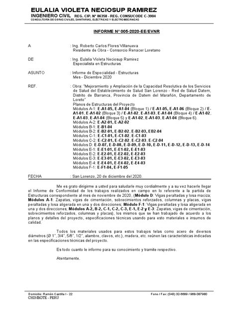 24c Informe Especialista Estructuras Diciembre 2020 Loreto Pdf Hormigón Edificio