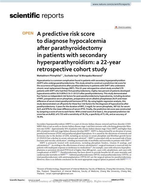 Pdf A Predictive Risk Score To Diagnose Hypocalcemia After Parathyroidectomy In Patients With