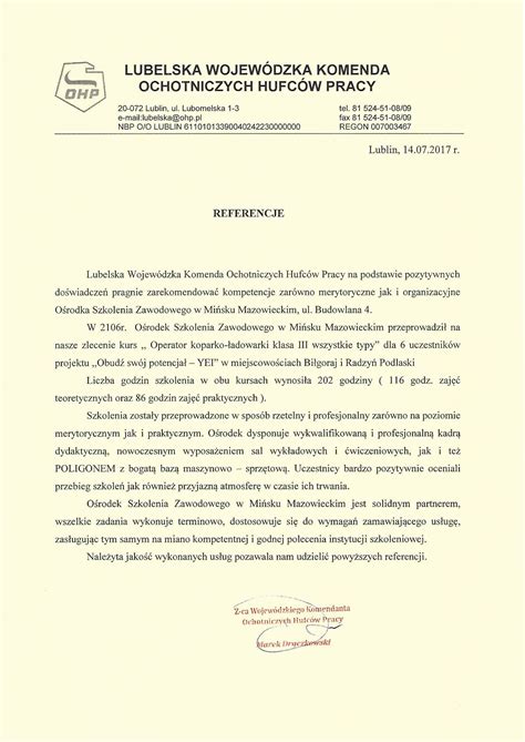 Referencje Ośrodek Szkolenia Zawodowego w Mińsku Mazowieckim