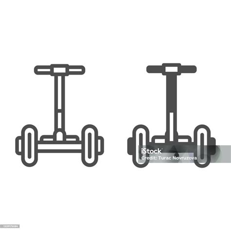 호버보드 프론트 뷰 라인과 솔리드 아이콘 전기 운송 컨셉 흰색 배경에 핸들 벡터 사인이 있는 자이로보드 모바일 컨셉 및 웹 디자인을 위한 윤곽 스타일 아이콘 벡터 그래픽