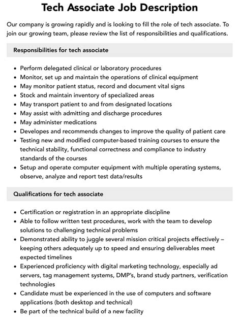 Tech Associate Job Description Velvet Jobs