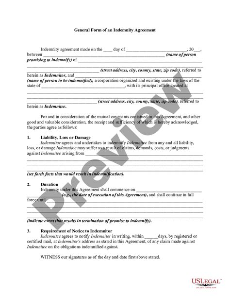 General Form Of An Indemnity Agreement Indemnity Us Legal Forms