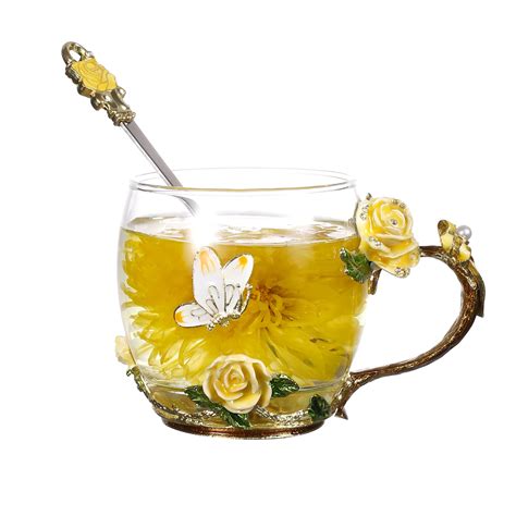 Suq I Ome Enamel Rose And Butterfly Flower Glass Tea Cup Birthday Ts
