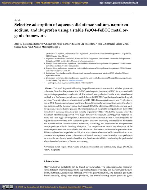 Pdf Selective Adsorption Of Aqueous Diclofenac Sodium Naproxen Sodium And Ibuprofen Using A
