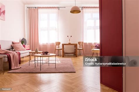 목재 식탁과의 자 베개와 담요가 있는 편안한 회색 소파가 있는 세련 된 거실 인테리어의 커피 테이블 2 개 0명에 대한 스톡 사진 및 기타 이미지 Istock