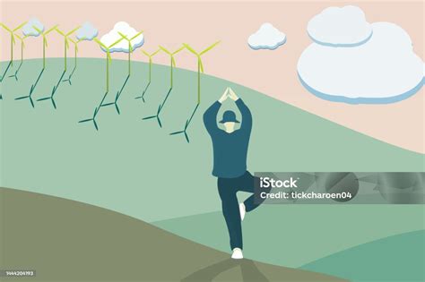 플랫 아트 디자인 남자는 휴식과 산과 풍력 터빈 배경으로 요가 훈련 요가에 대한 스톡 벡터 아트 및 기타 이미지 요가