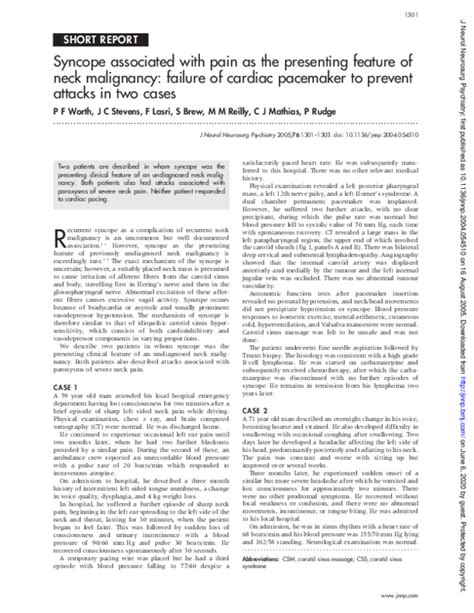 Pdf Vasodepressor Syncope From Neck Cancer With Associated C‐6