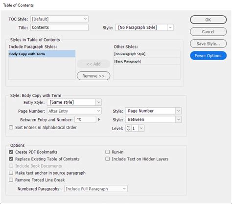 indesign create table of contents based on character style graphic