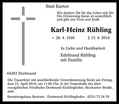 Traueranzeigen von Karl Heinz Rühling Trauer in NRW de