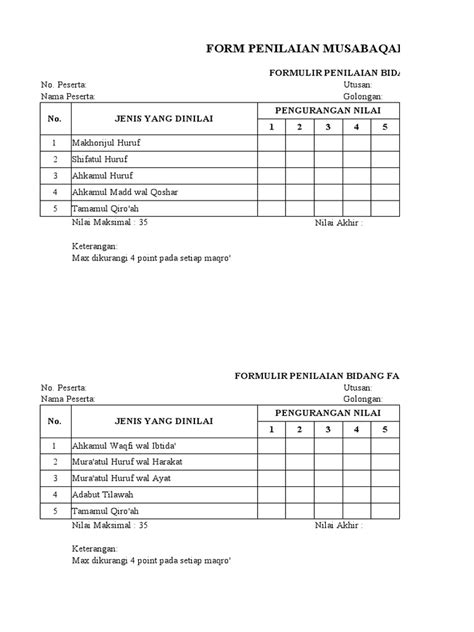 Form Penilaian Lomba Tahfidz Desa Jumrah 2023 Pdf