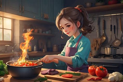 Premium Photo A Girl Cooking Dinner On The Kitchen