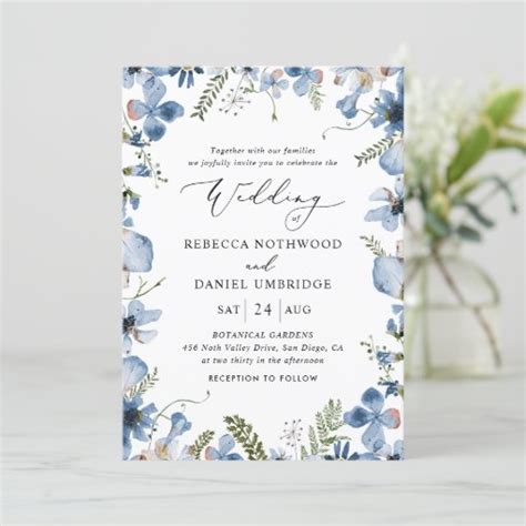Elegant Dusty Blue Watercolor Floral Wedding Invitation Zazzle