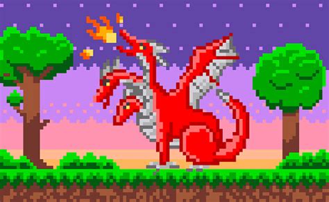 픽셀 레드 세 머리 용 날개가 달린 픽셀화 된 공룡은 자연 경관에서 불을 뿜는다 가공의 인물에 대한 스톡 벡터 아트 및 기타