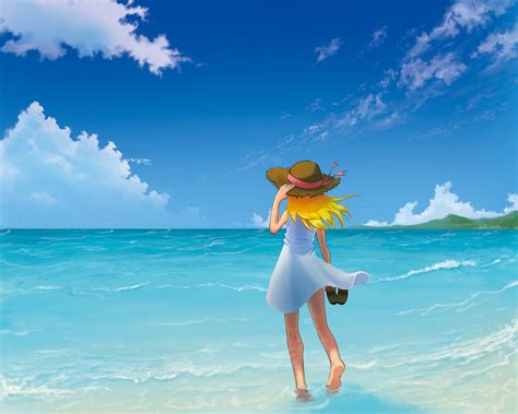 Barefoot Beach Blonde Hair Clouds Dress Hat Sky Summer Dress Anime