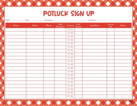 Potluck Sign Up Sheet Ideas