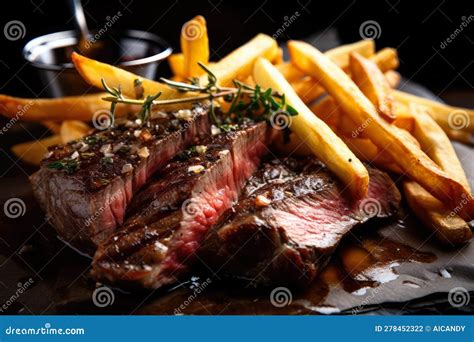 Mouth Watering Close Up Of A Sizzling Steak Frites With Perfectly