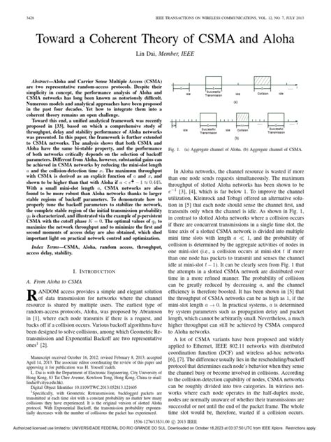 Toward A Coherent Theory Of Csma And Aloha Pdf Electronics